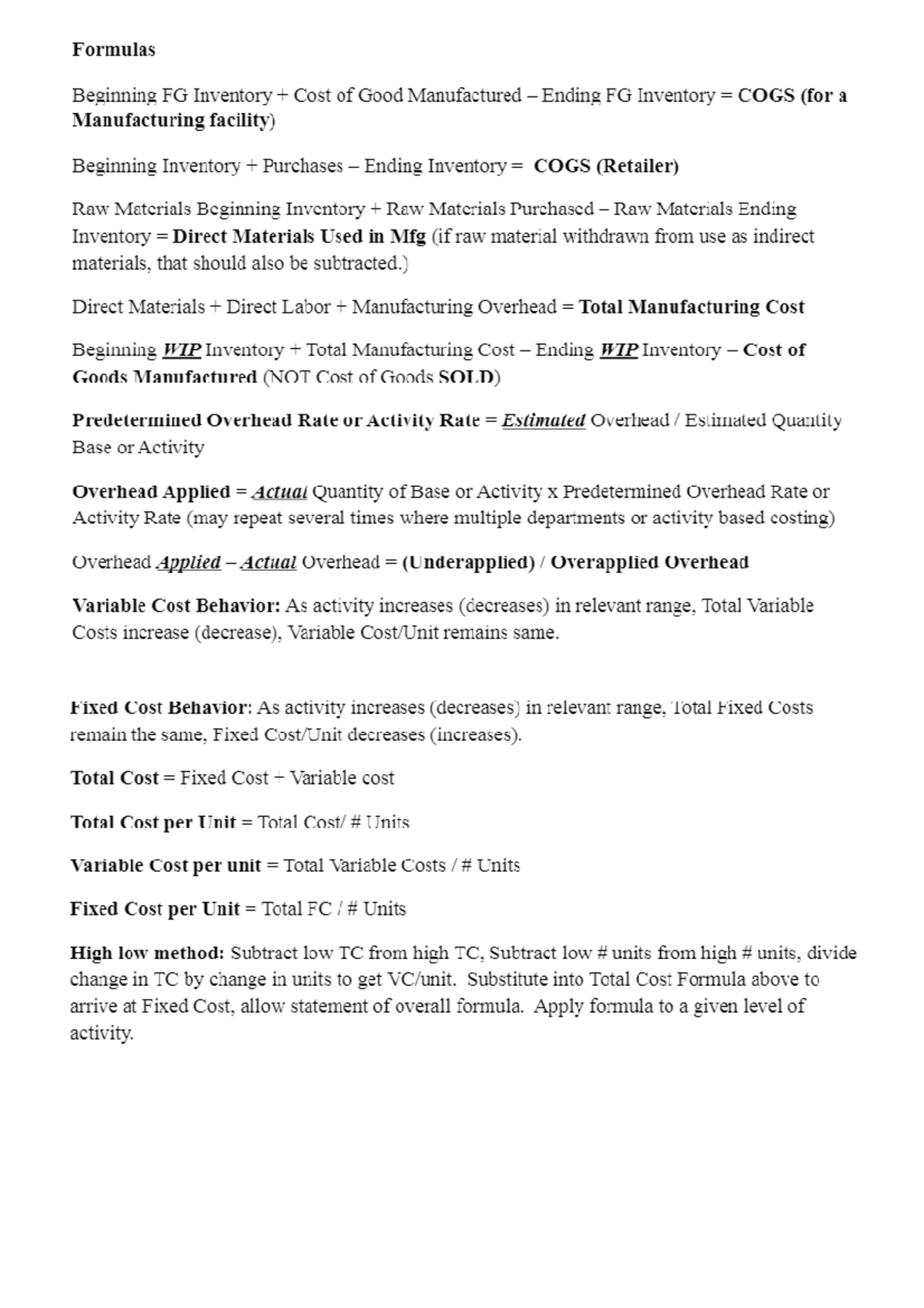 Managerial Accounting Payroll Formula Sheet 11 Comprehensive