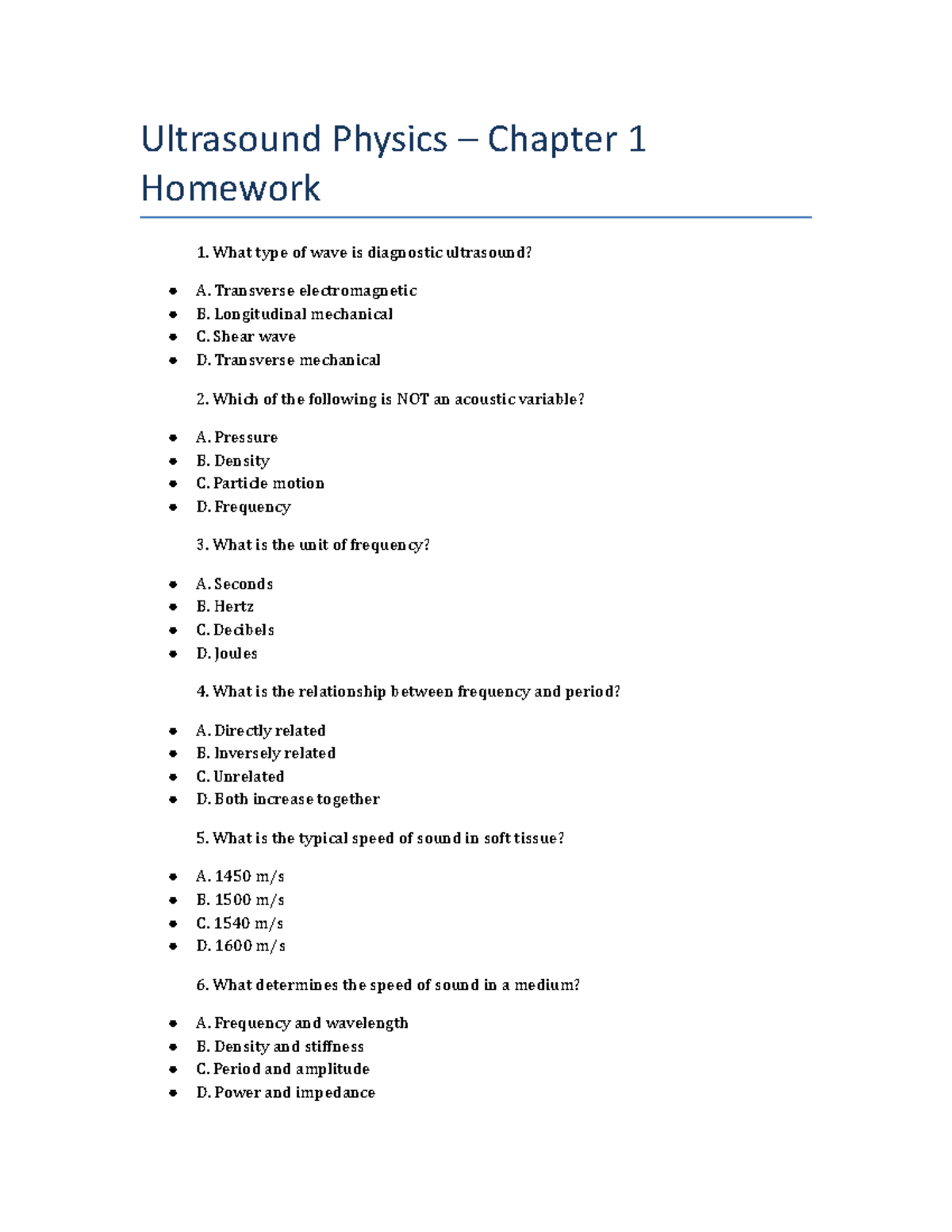 Ultrasound Physics PHYS 101 Homework Chapter 1 Answer Key - Studocu