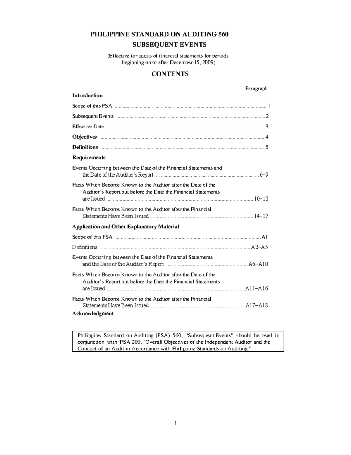 PSA-560 - Subsequent Events: Auditor Responsibilities and Framework ...