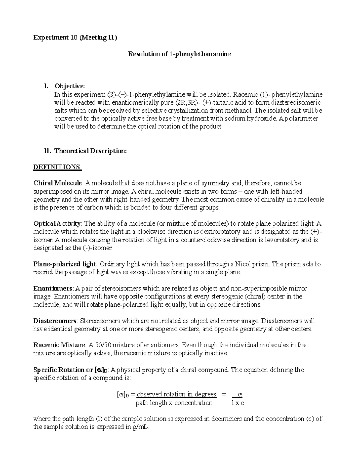 Resolution of (S)-(–)-1-Phenylethylamine Using Tartaric Acid - Studocu
