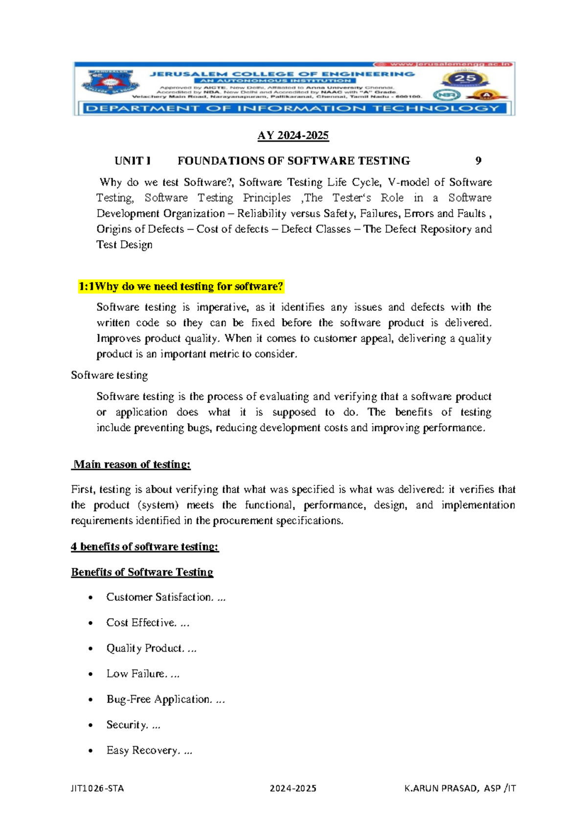 Foundations of Software Testing - Unit 1 STA 2024 - Studocu