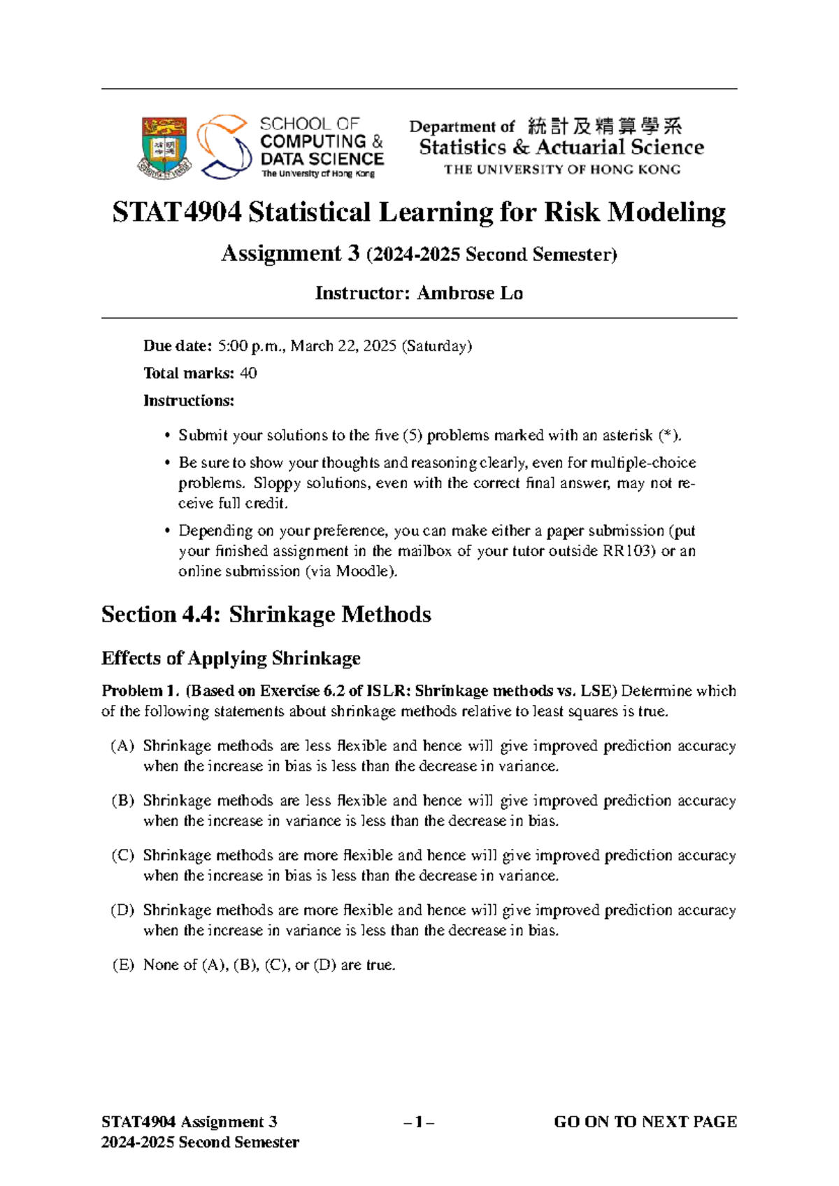 STAT4904 Statistical Learning for Risk Modeling Assignment 3 - Studocu