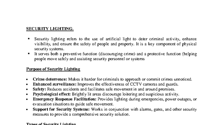 Security Lighting - Types & Benefits for Safety and Surveillance - Studocu