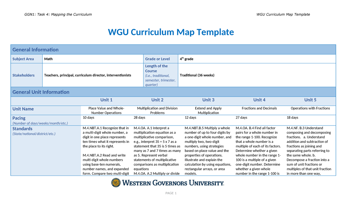 D630 Curriculum Map Template for 4th Grade Math Planning - Studocu