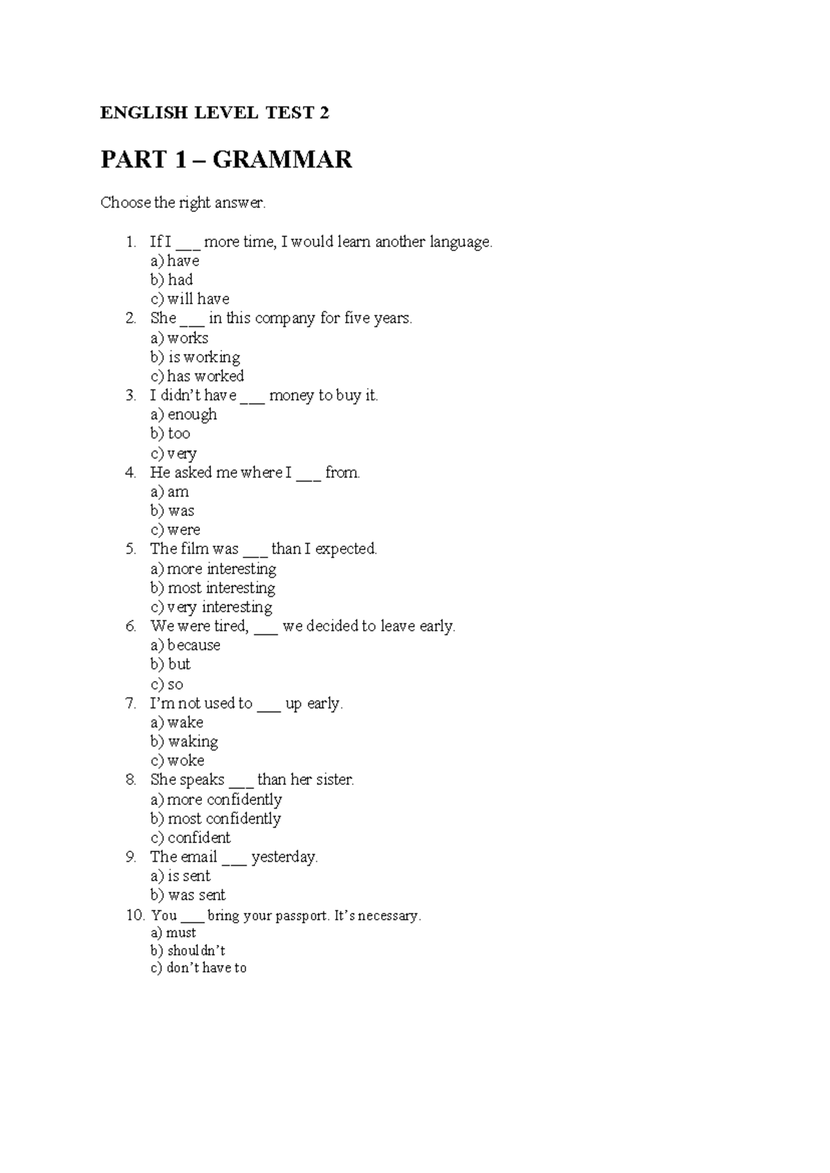 ENGLISH LEVEL TEST 2 - B1 Grammar & Vocabulary Assessment - Studocu