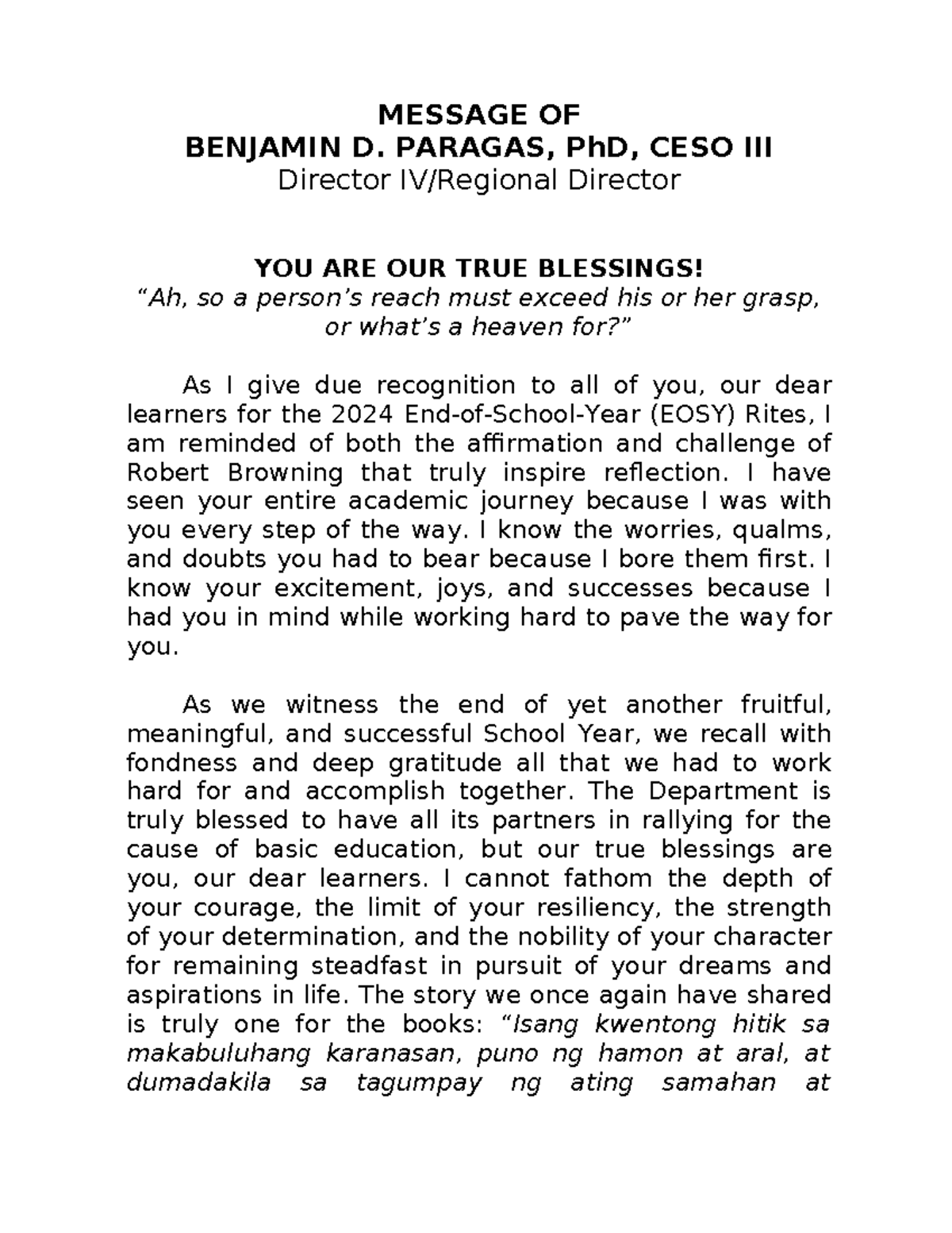 EOSY Message from RD Benjamin D. Paragas, PhD, CESO III - Studocu