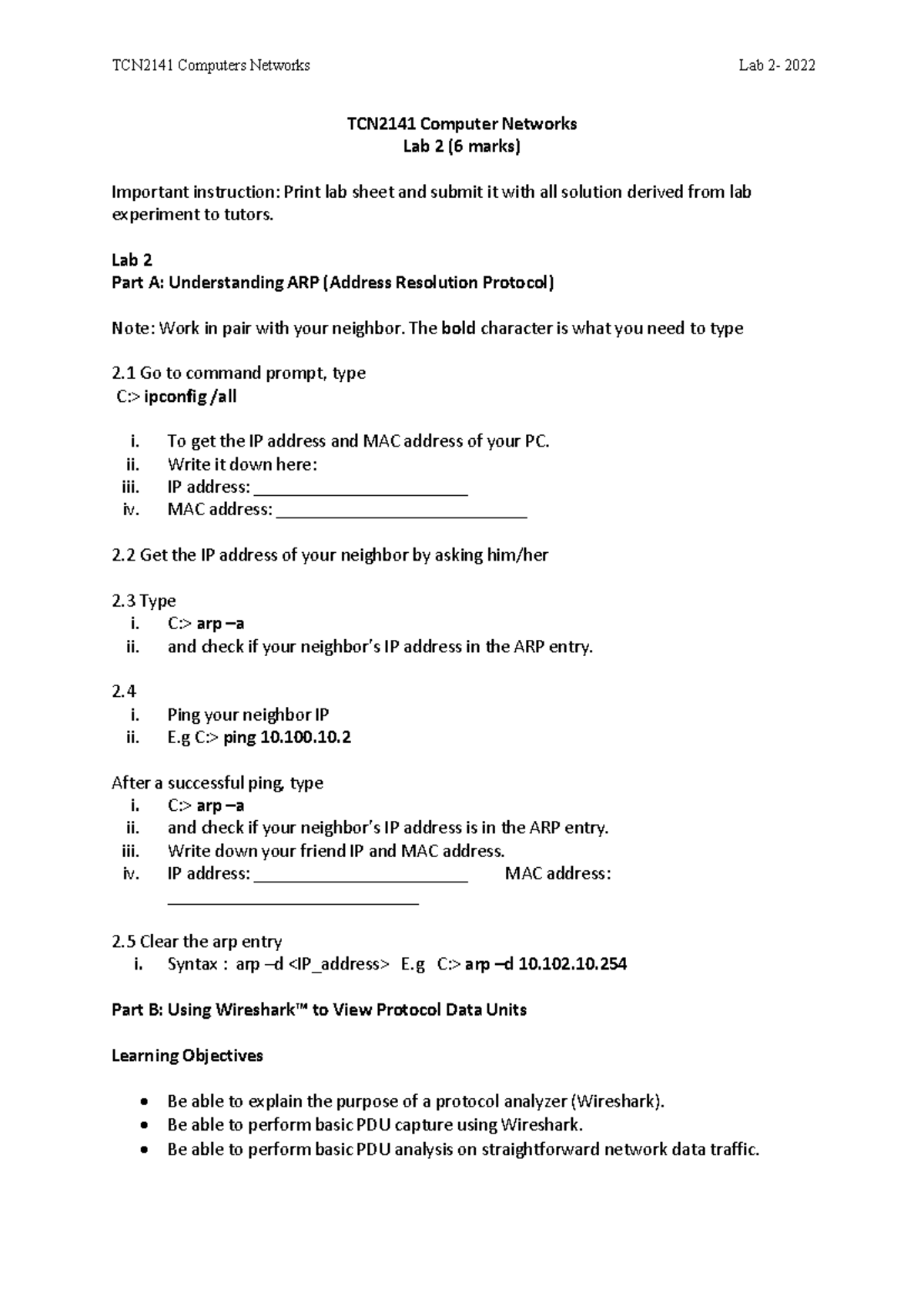 Lab 2 - fundamental of computer network - TCN2141 Computer Networks Lab ...