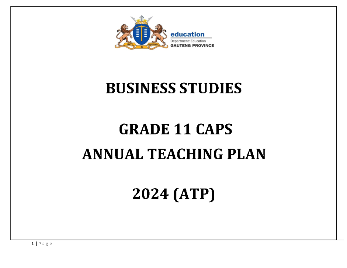 Grade 11 Business Studies 2024 Annual Teaching Plan Atp Studocu