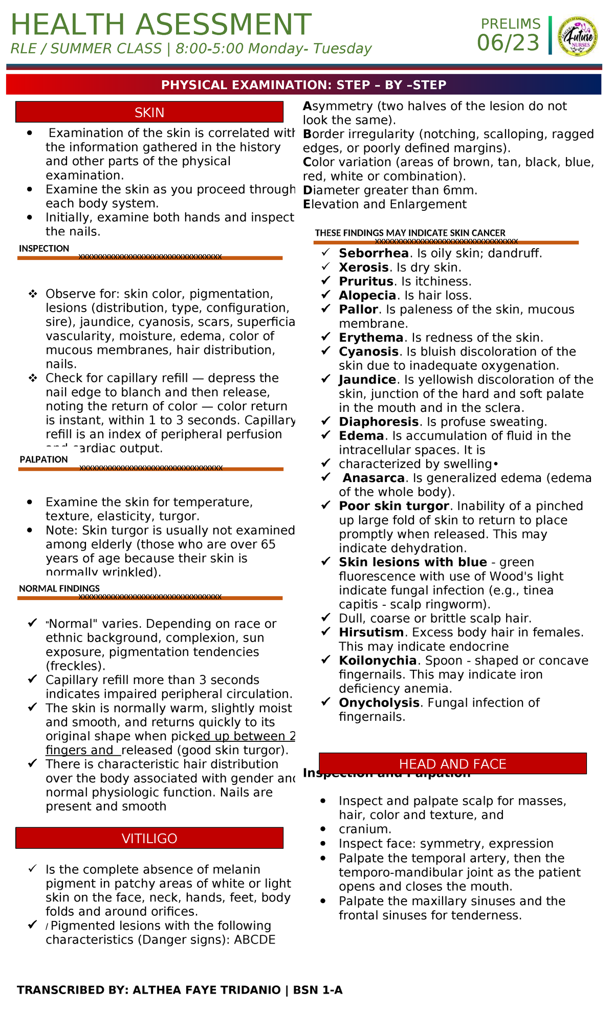 HEALTH ASSESSMENT PRELIMS RLE SUMMER CLASS: PHYSICAL EXAMINATION GUIDE ...