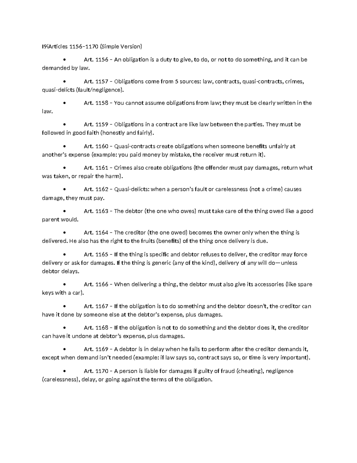 Articles 1156-1219: Obligation Law Notes (Oblicon) - Studocu