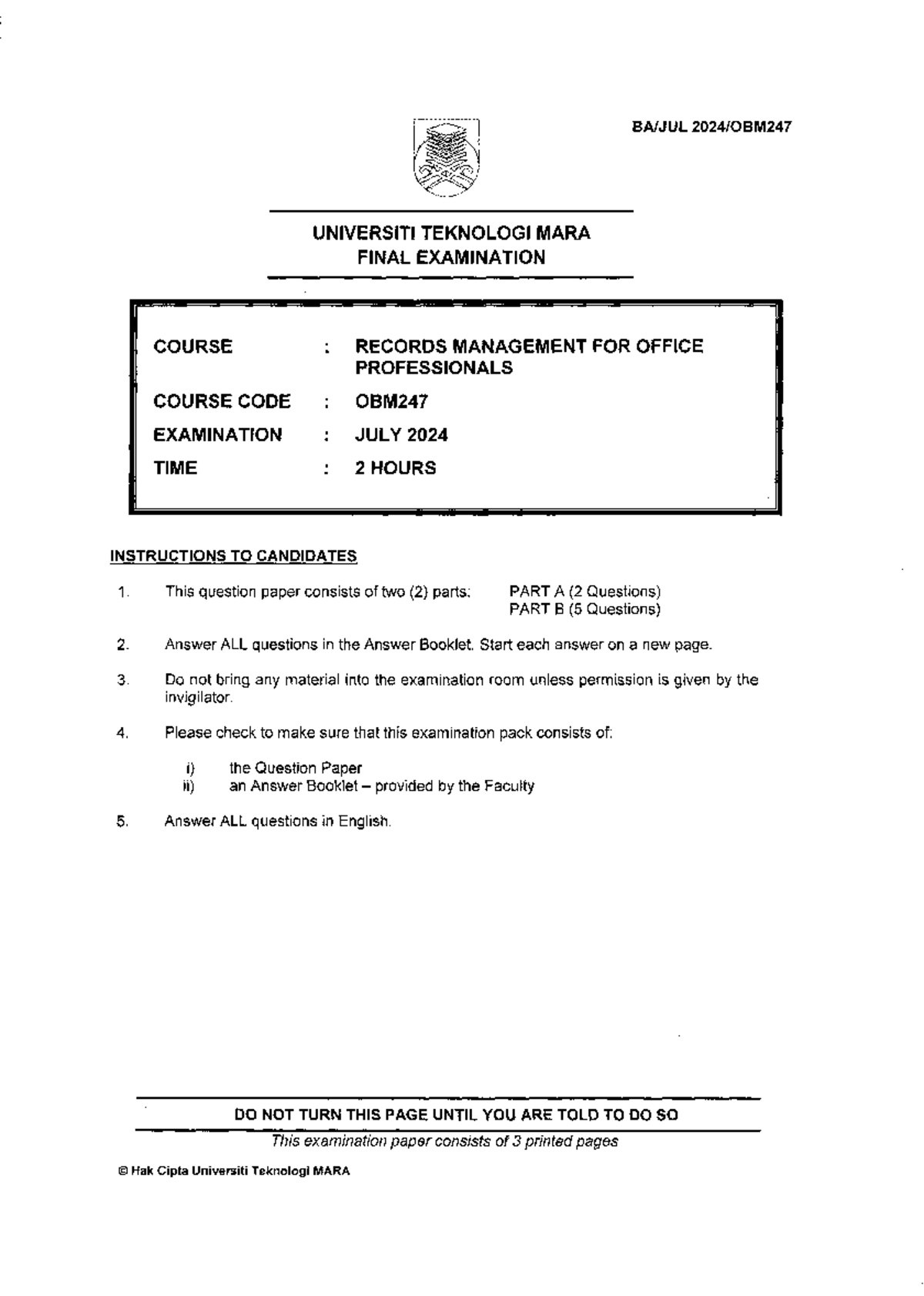 OBM247 - Final Exam Paper for Records Management July 2024 - Studocu
