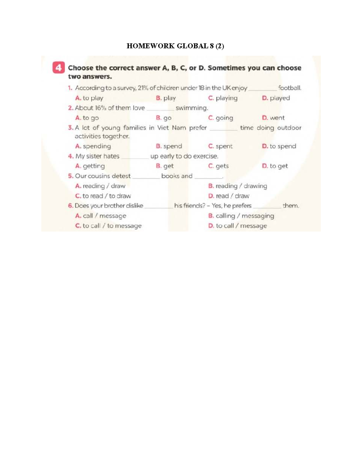 Homework Global 8: Leisure Activities and Correct Answers - Studocu