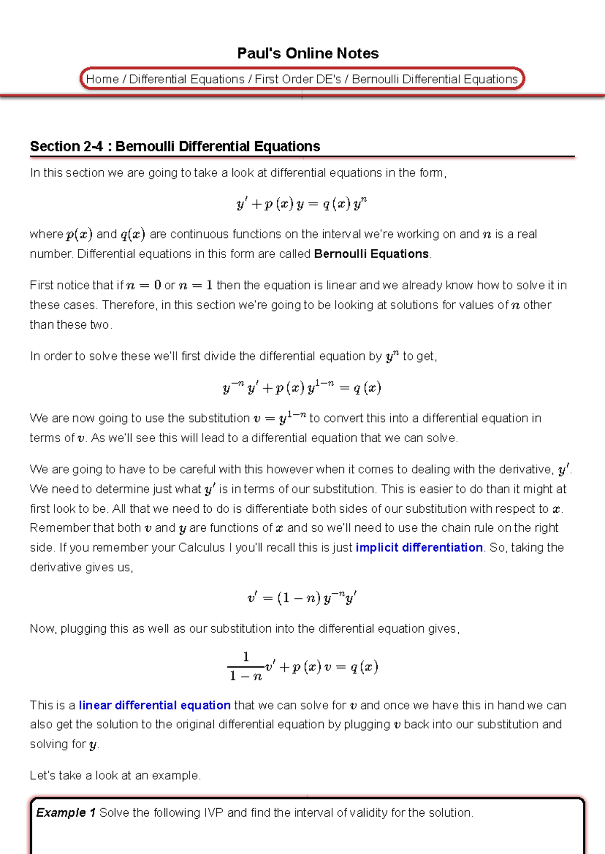 Bernoulli Differential Equations - ODEs Study Notes (MAT 201) - Studocu
