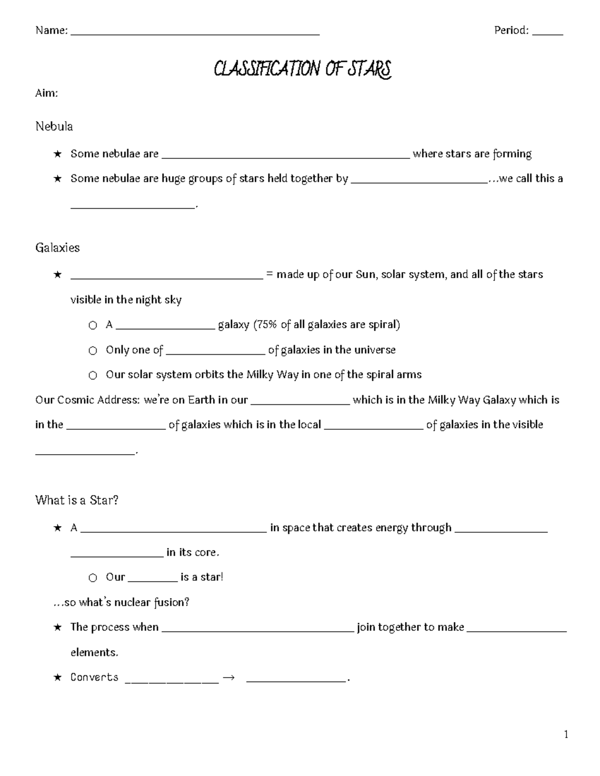 Classification of Stars: Guided Notes for Astronomy 101 - Studocu