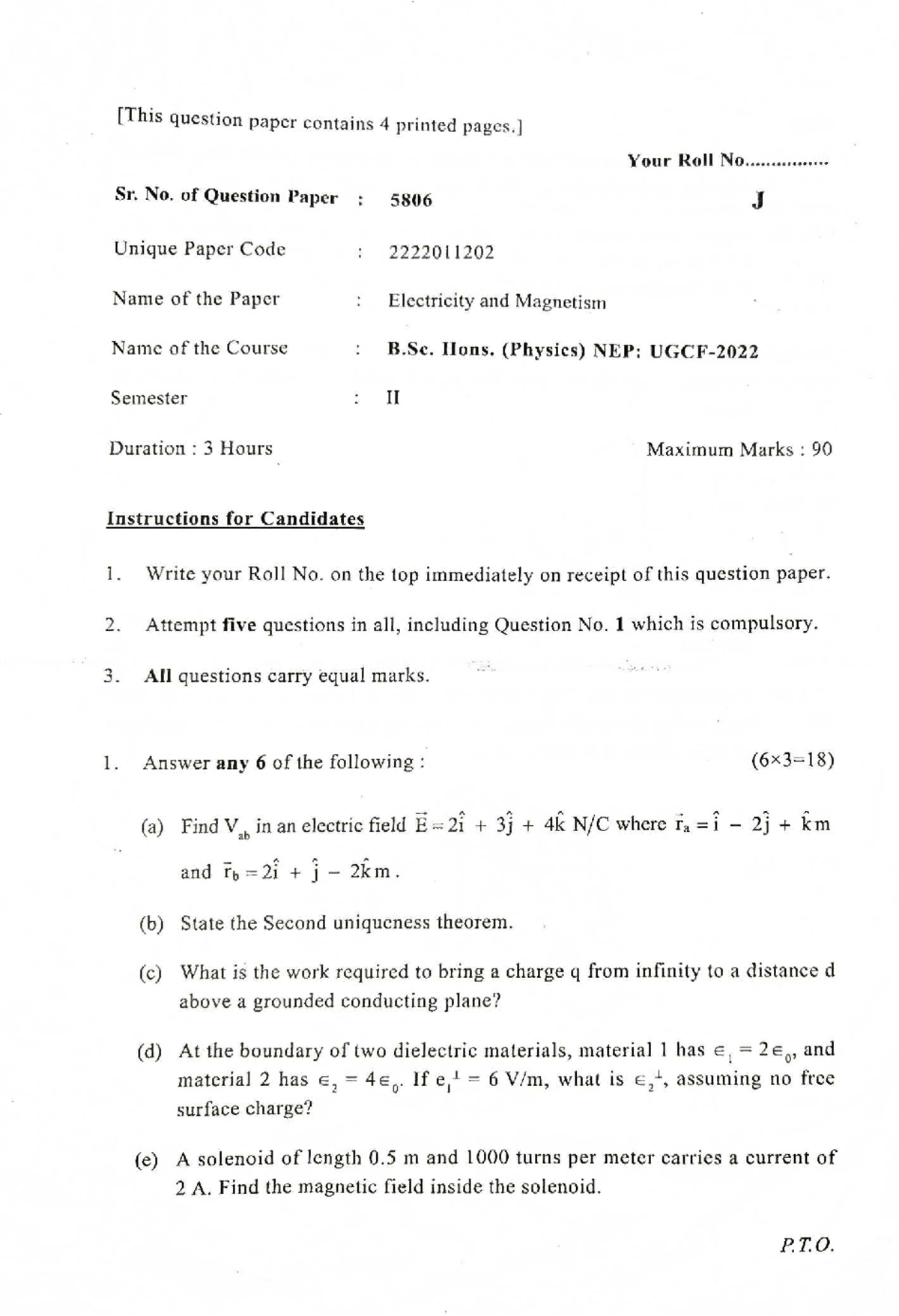 Electricity & Magnetism Question Paper B.Sc. Hons. (Physics) NEP: Sem 5 ...