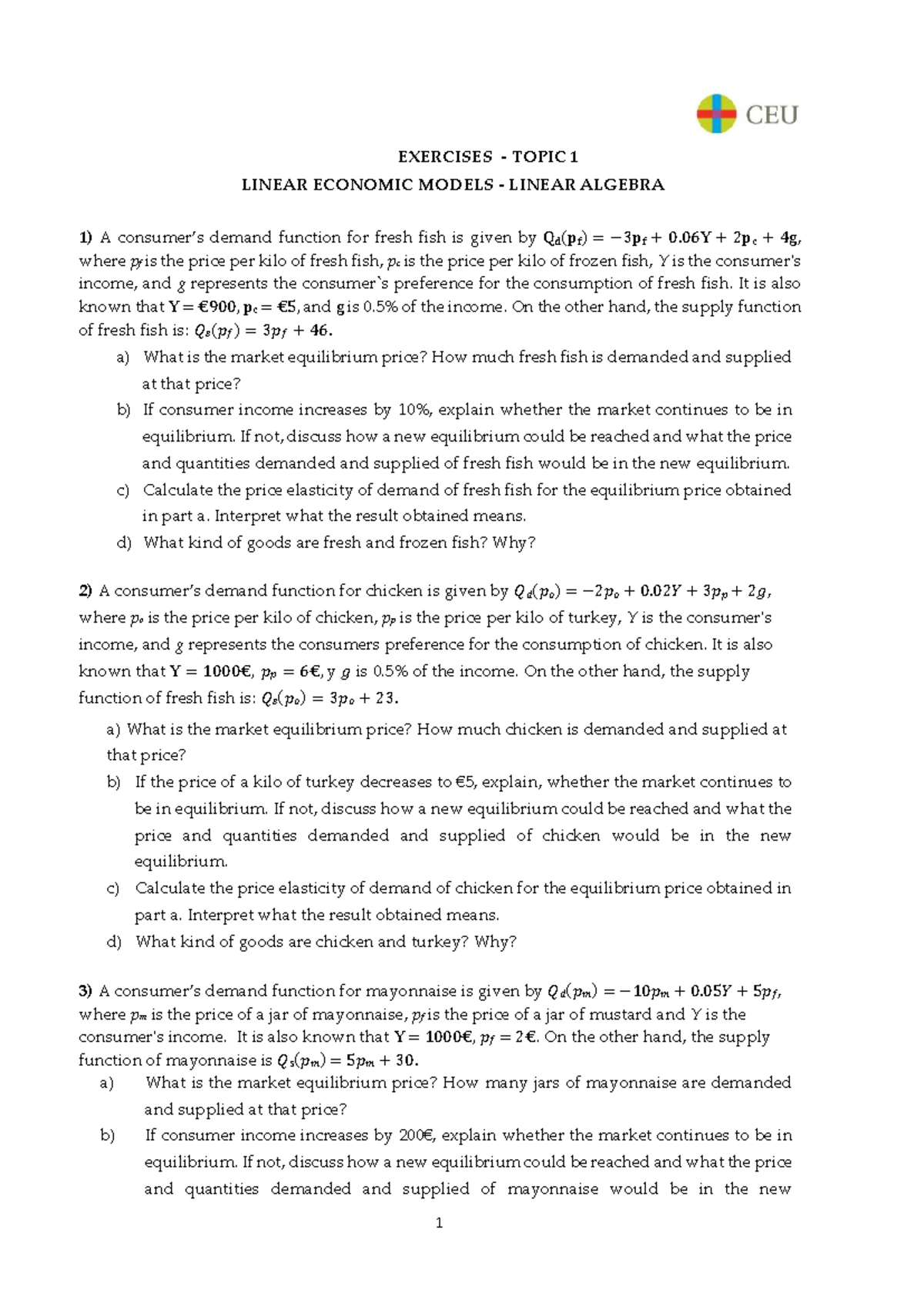Exercises on Linear Economic Models - Math 1 - Studocu