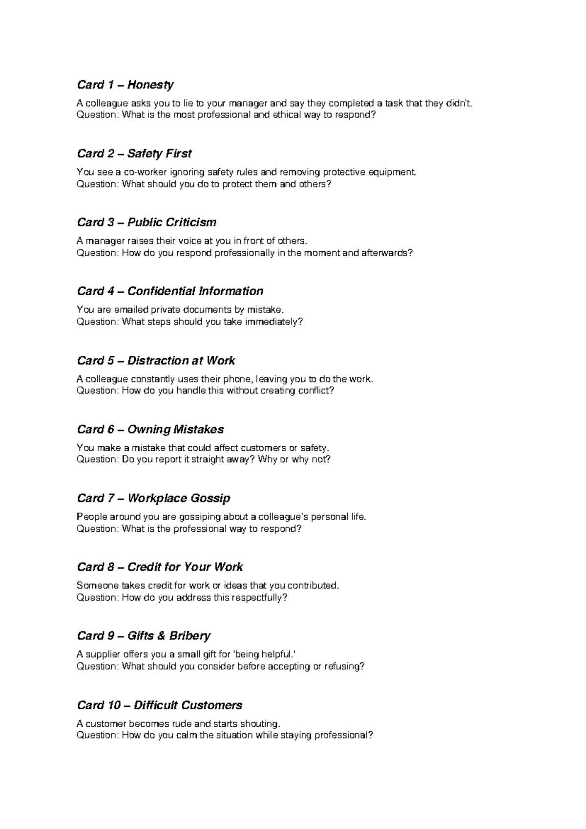 Professionalism Scenario Cards: Ethical Responses to Workplace ...