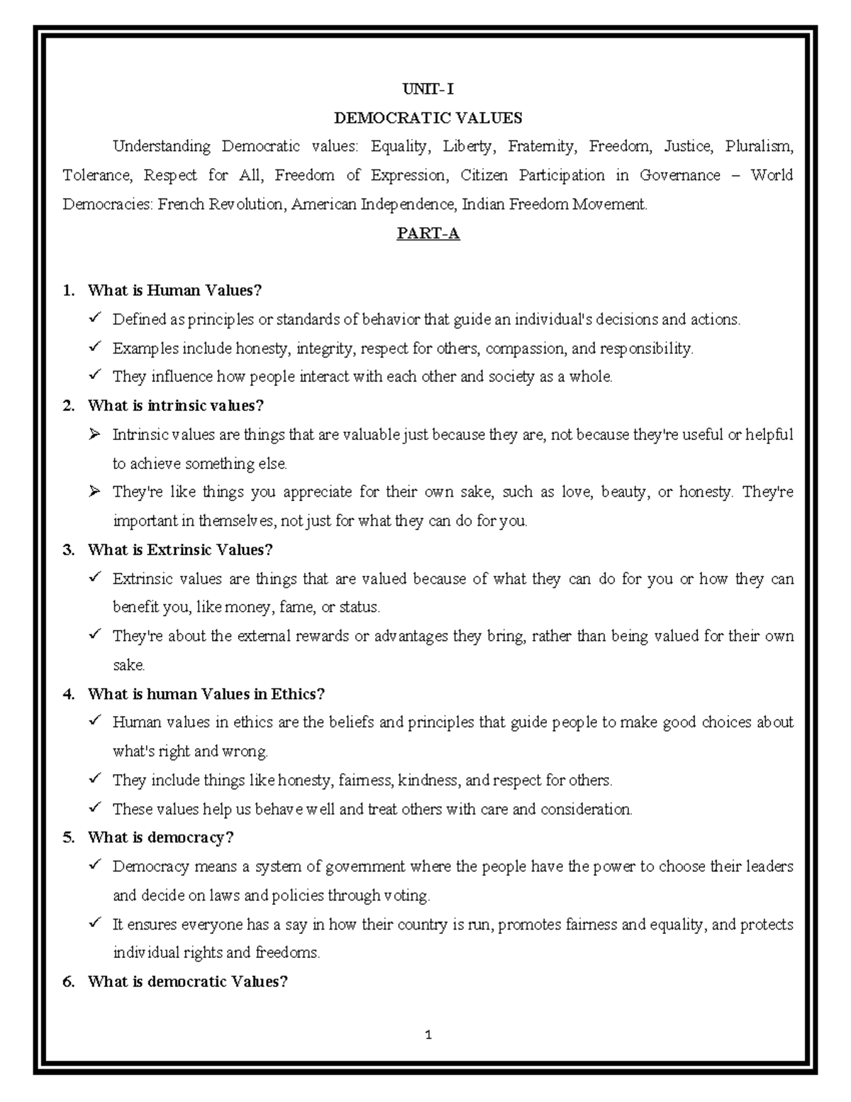 Unit 1 - Human Values and Ethics: Understanding Democracy and Its ...