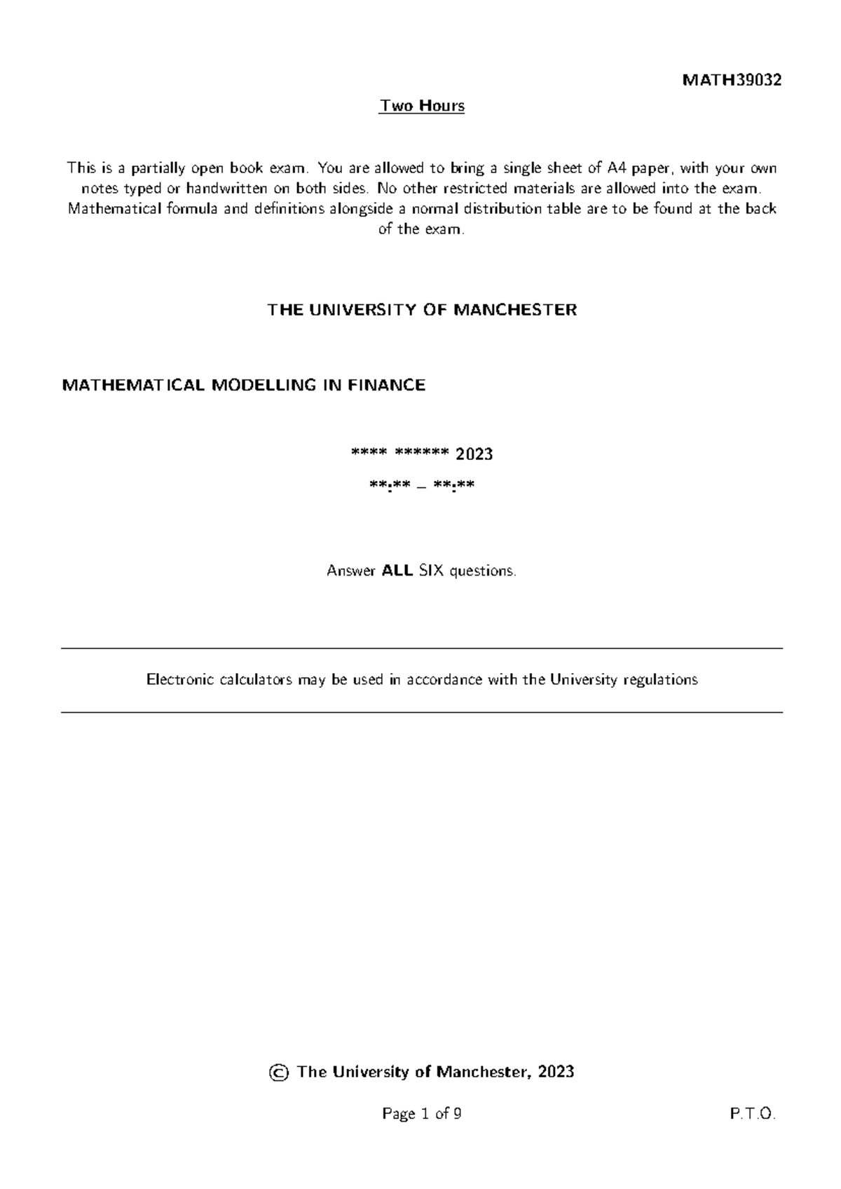 MATH39032 Final Exam: Mathematical Modelling in Finance 2023 - Studocu