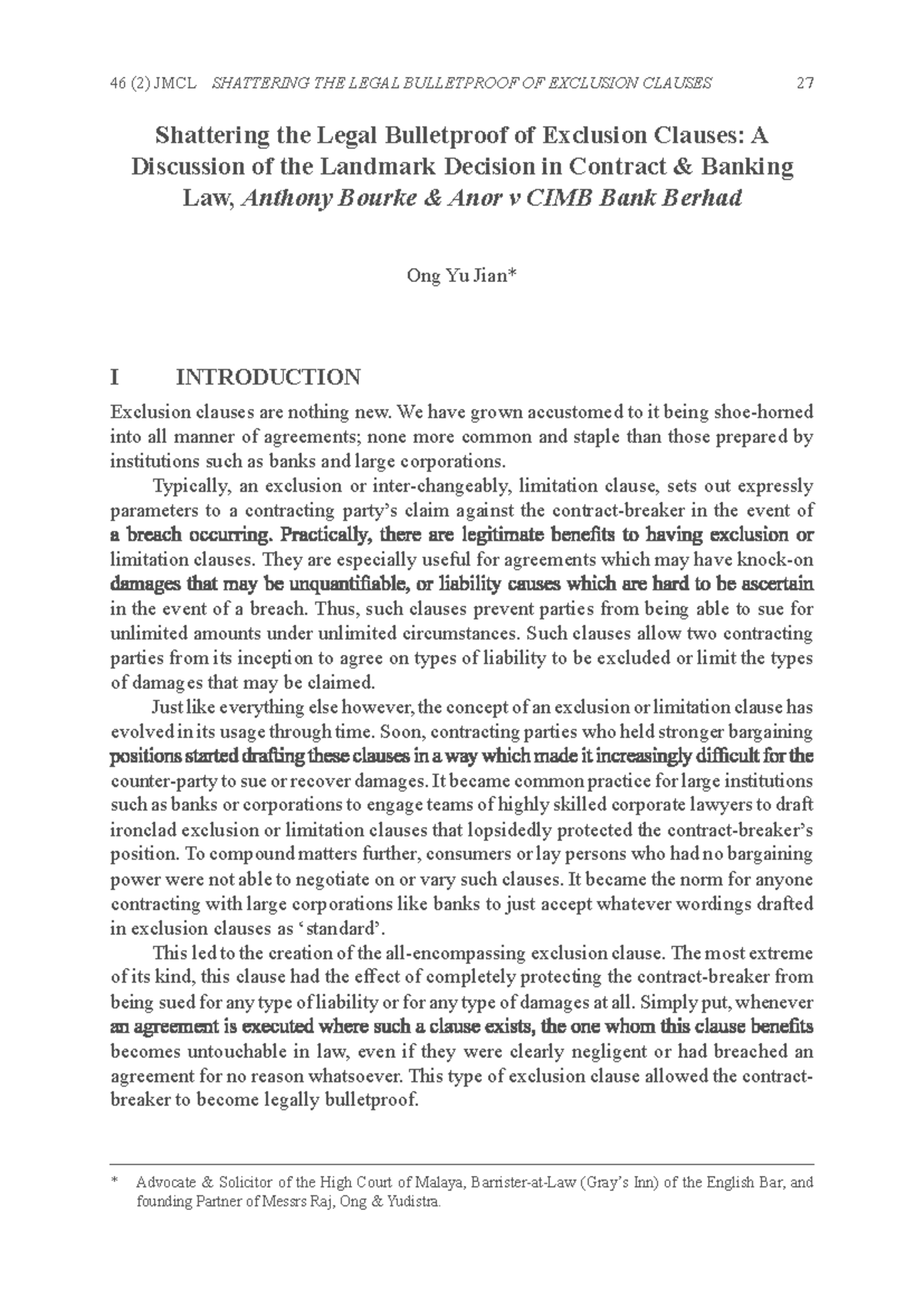 46 (2) JMCL Landmark Case: Invalidating Exclusion Clauses in Banking ...