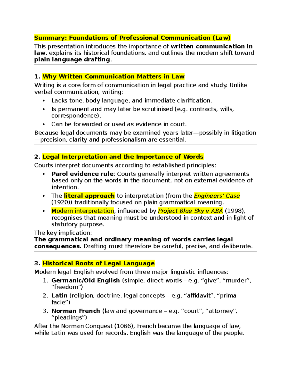 Summary Lecture: Foundations of Professional Communication (Law) - Studocu