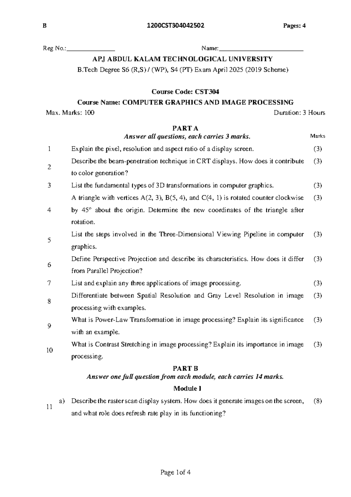 CST304 Computer Graphics & Image Processing Exam QP - April 2025 - Studocu