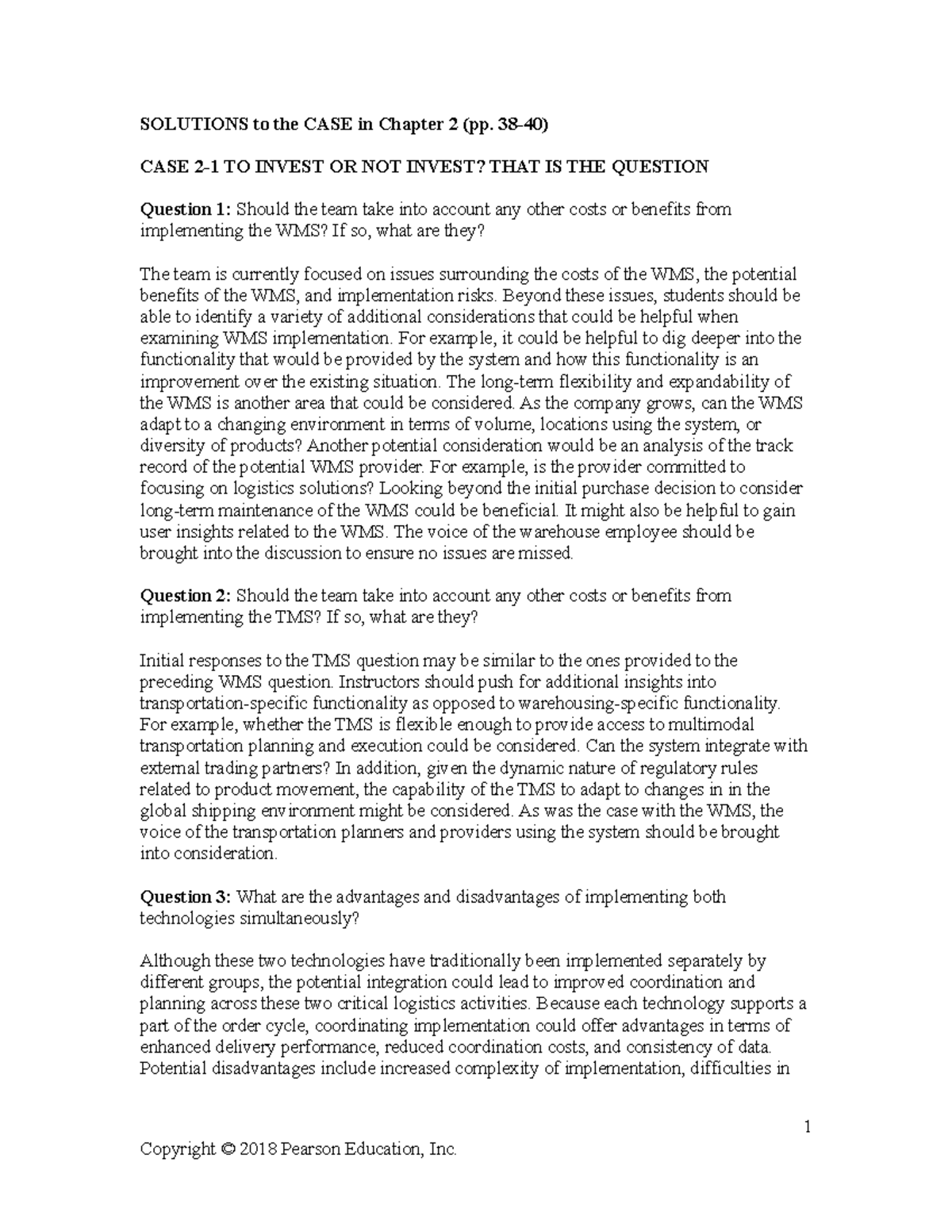 Chapter 2 Case Answer - SOLUTIONS to the CASE in Chapter 2 (pp. 38-40) CASE 2-1 TO INVEST OR NOT ...