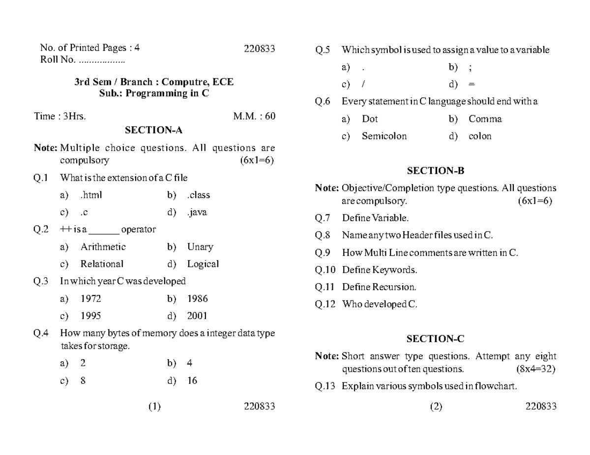 220833 - 3rd Sem Programming in C - Question Paper - Studocu