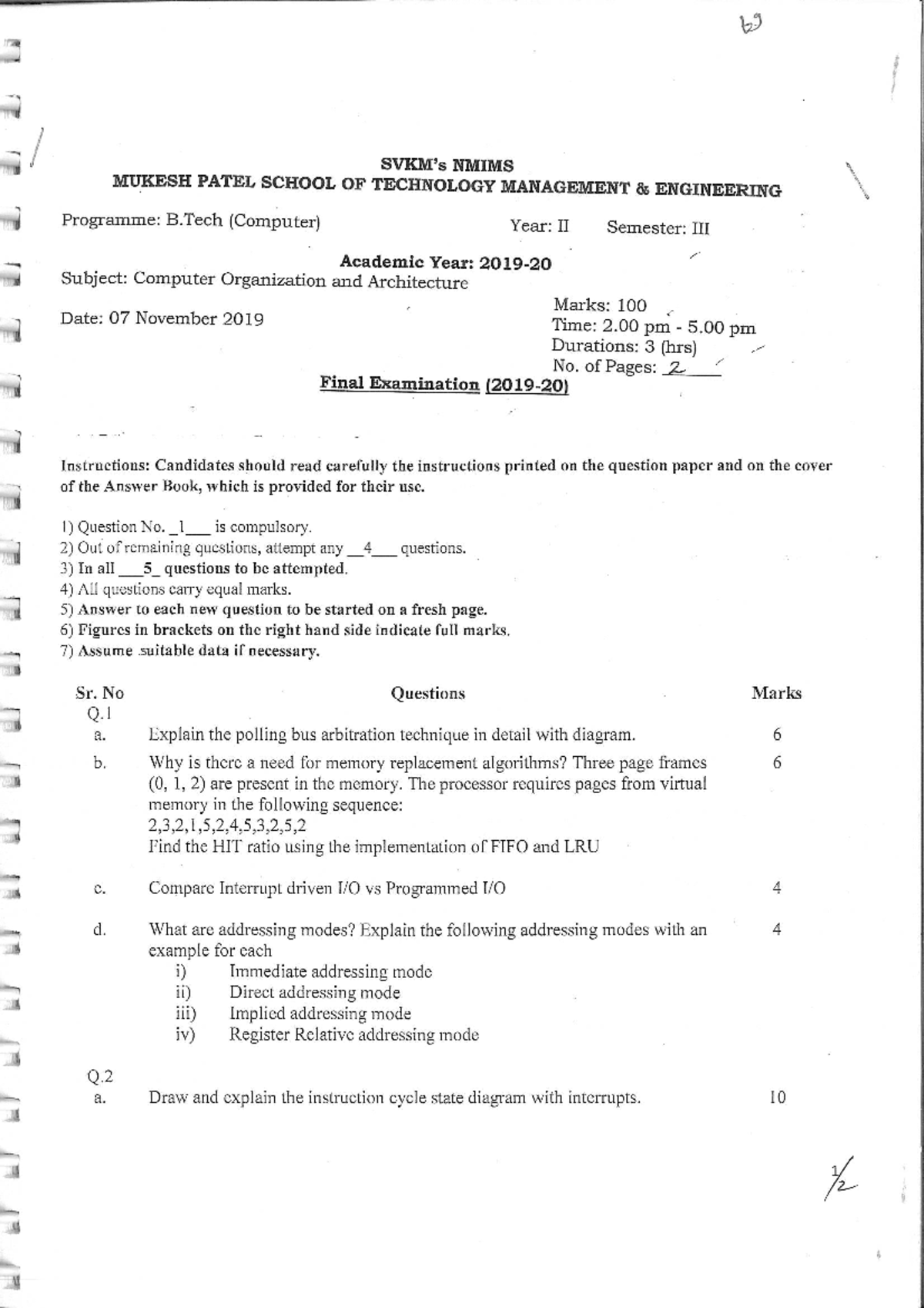 B.Tech II Sem Final Exam: Computer Organization & Architecture - Studocu