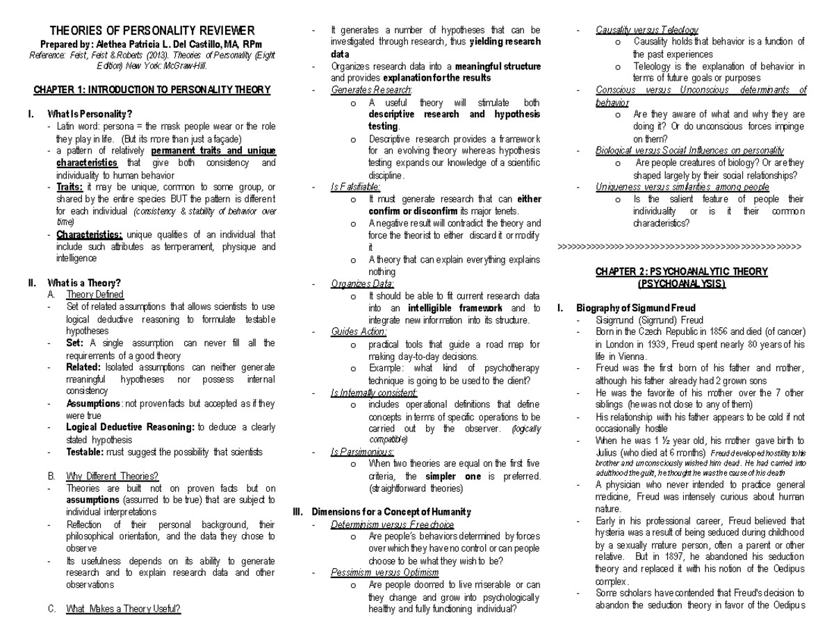 Theories of Personality (PSY 101) - Comprehensive Study Reviewer - Studocu
