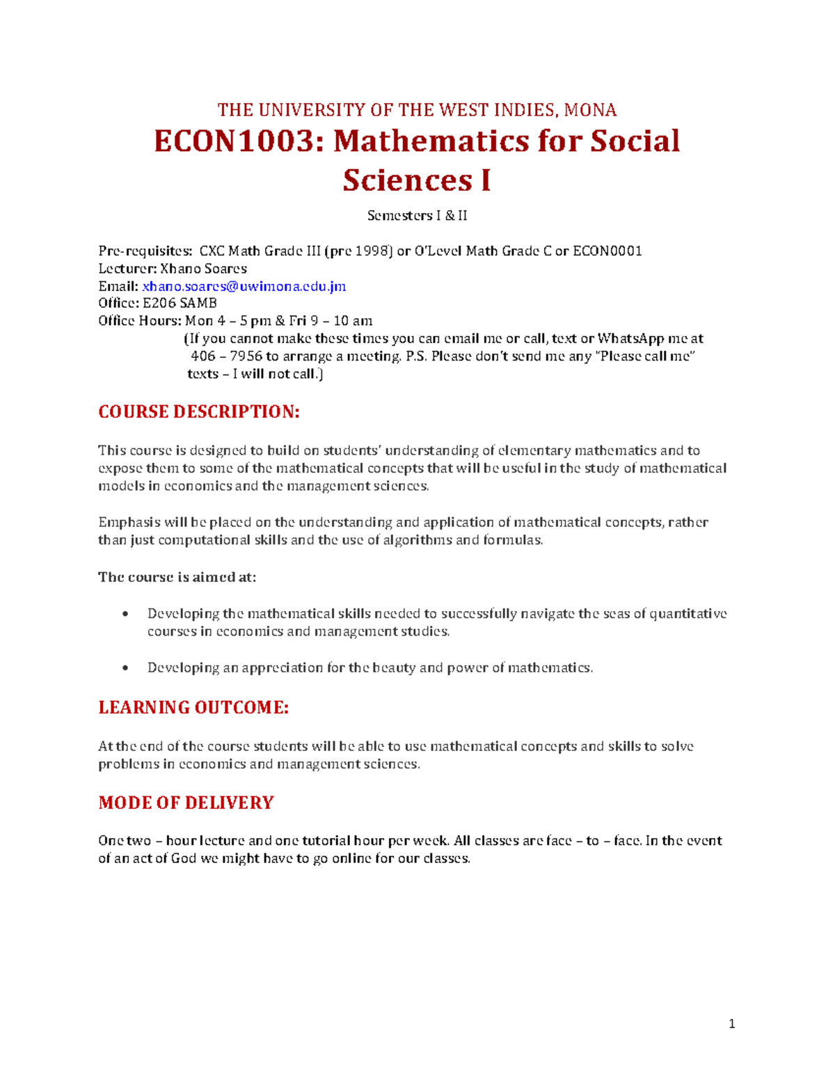 ECON1003 Course Outline: Mathematics for Social Sciences I (2024-25) - Studocu
