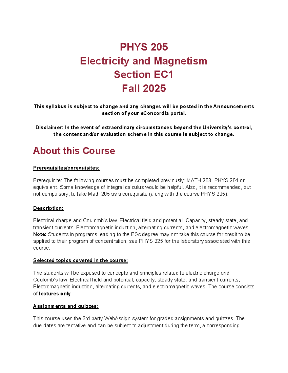 PHYS 205 Electricity and Magnetism Syllabus Outline Fall 2025 - Studocu