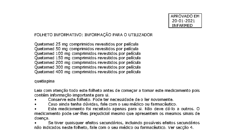 Folheto Informativo Quetamed 25-400 mg: Uso e Precauções - Studocu