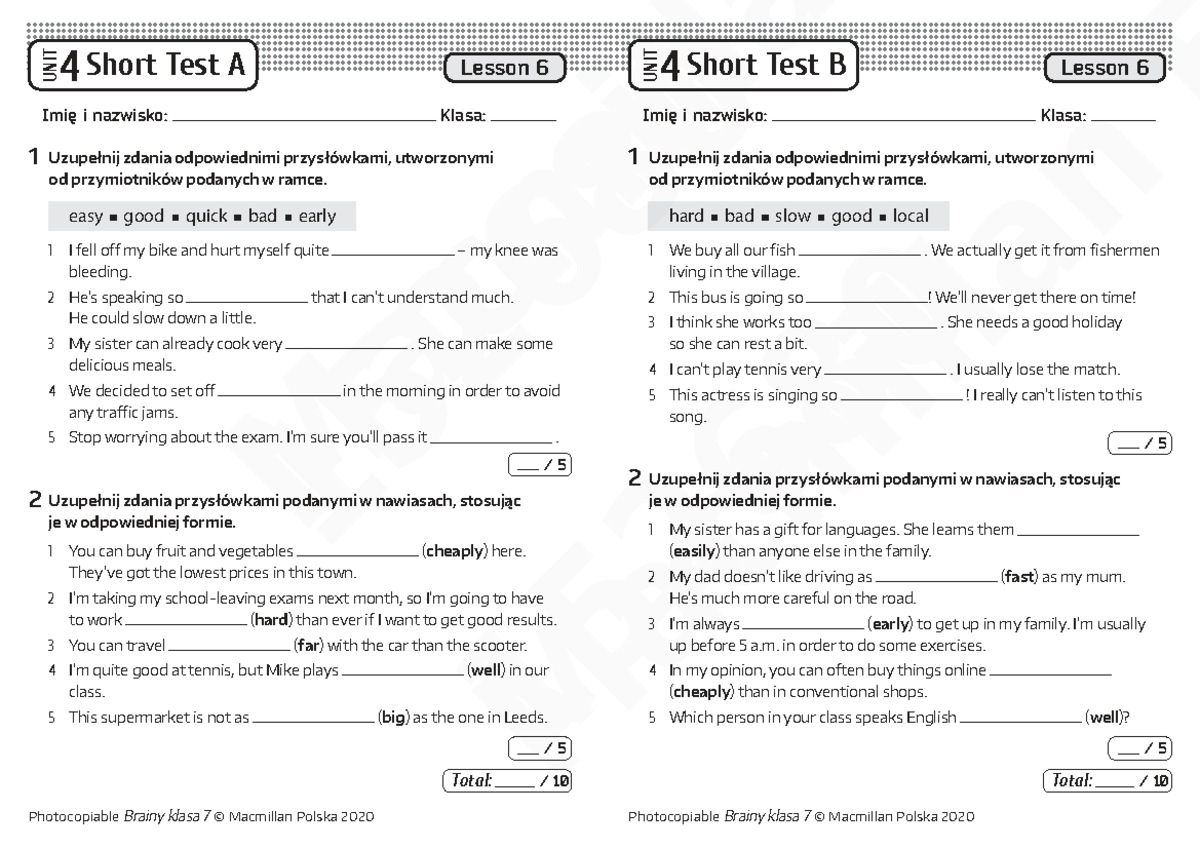 Brainy kl7 Unit 4 Short Test B Lesson 6 - Adverb Usage - Studocu