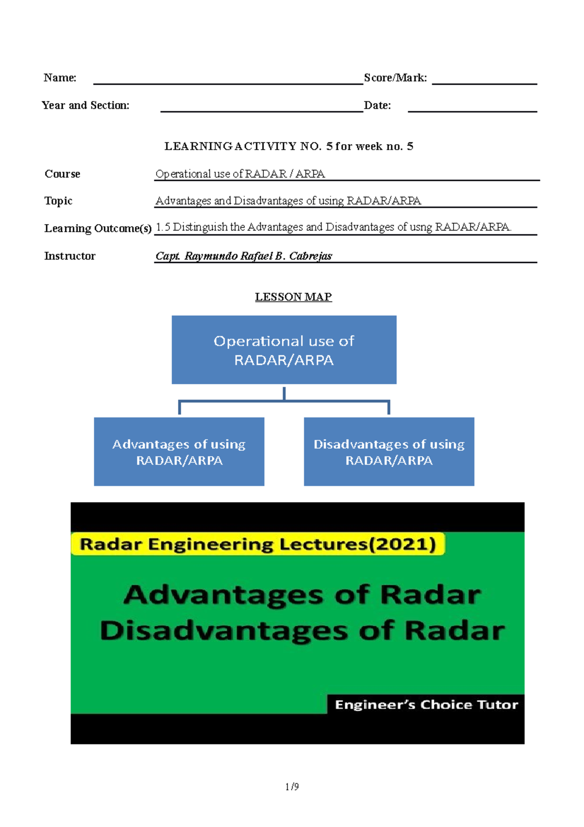 NAV 5 - Advantages & Disadvantages of RADAR/ARPA - Lesson Notes - Studocu