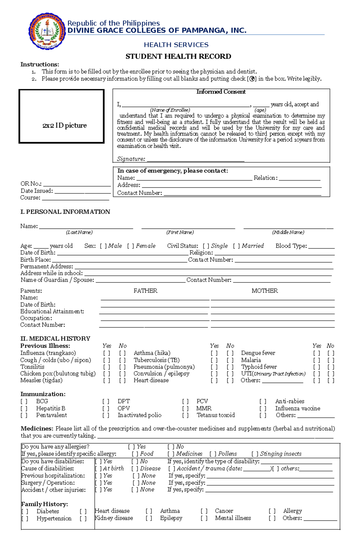 DGC Student Health Record: Health Services Form - Studocu