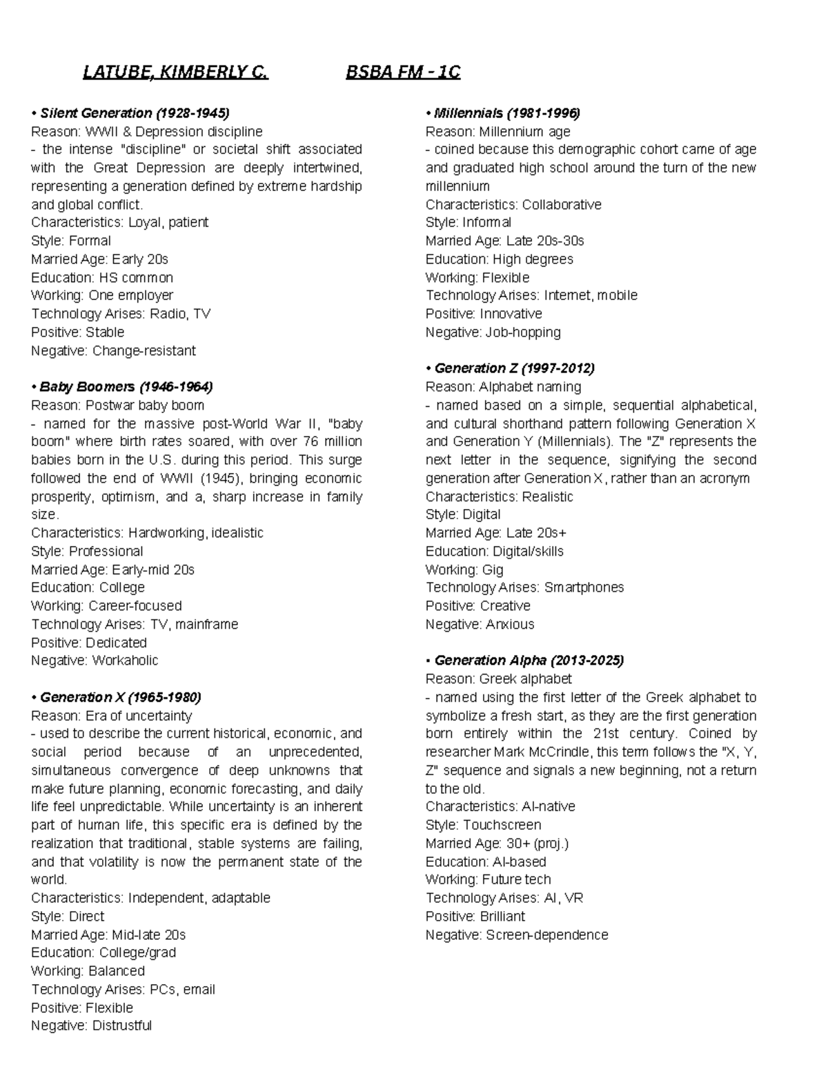 BSBA FM 1C Essay Notes: Generational Characteristics and Shifts - Studocu