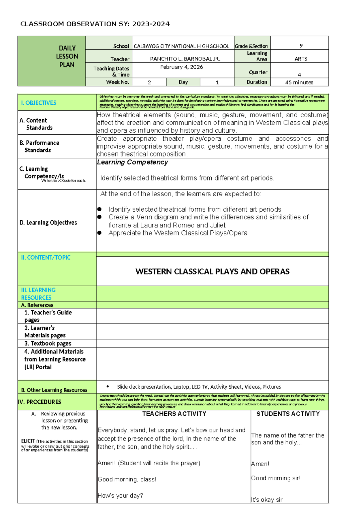 CLASSROOM OBSERVATION SY: Daily Lesson Plan for Arts 4 (Week 2) - Studocu