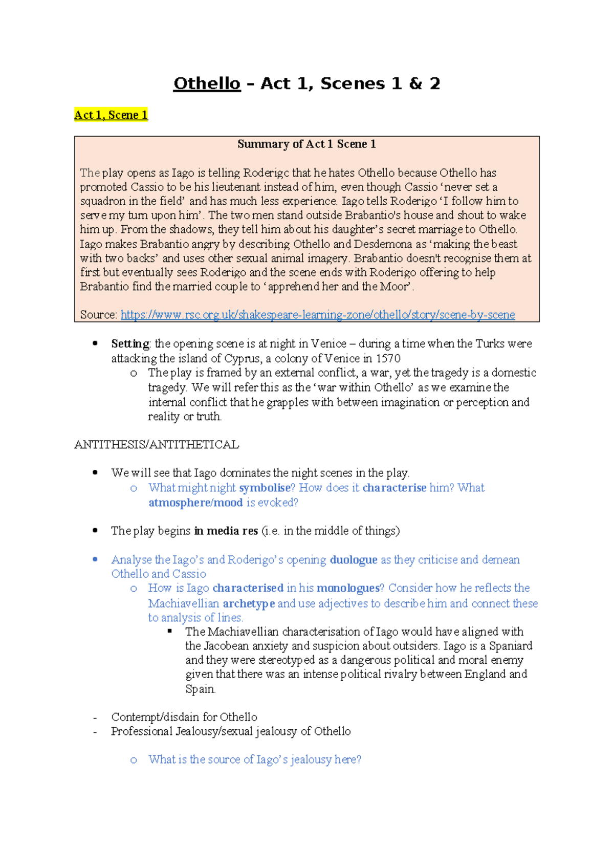Othello (ENG 101) Act 1 Scenes 1 & 2: Summary and Analysis - Studocu