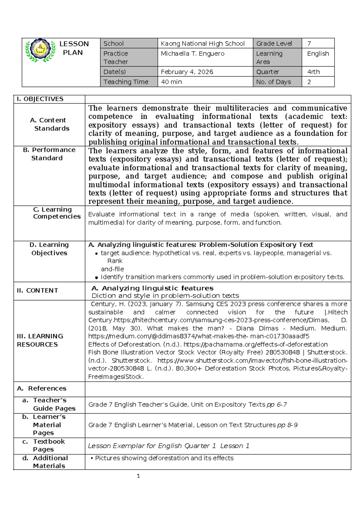 ENGLISH 10 WEEK 8 LESSON PLAN: EVALUATING TEXTS & SOCIAL ISSUES - Studocu