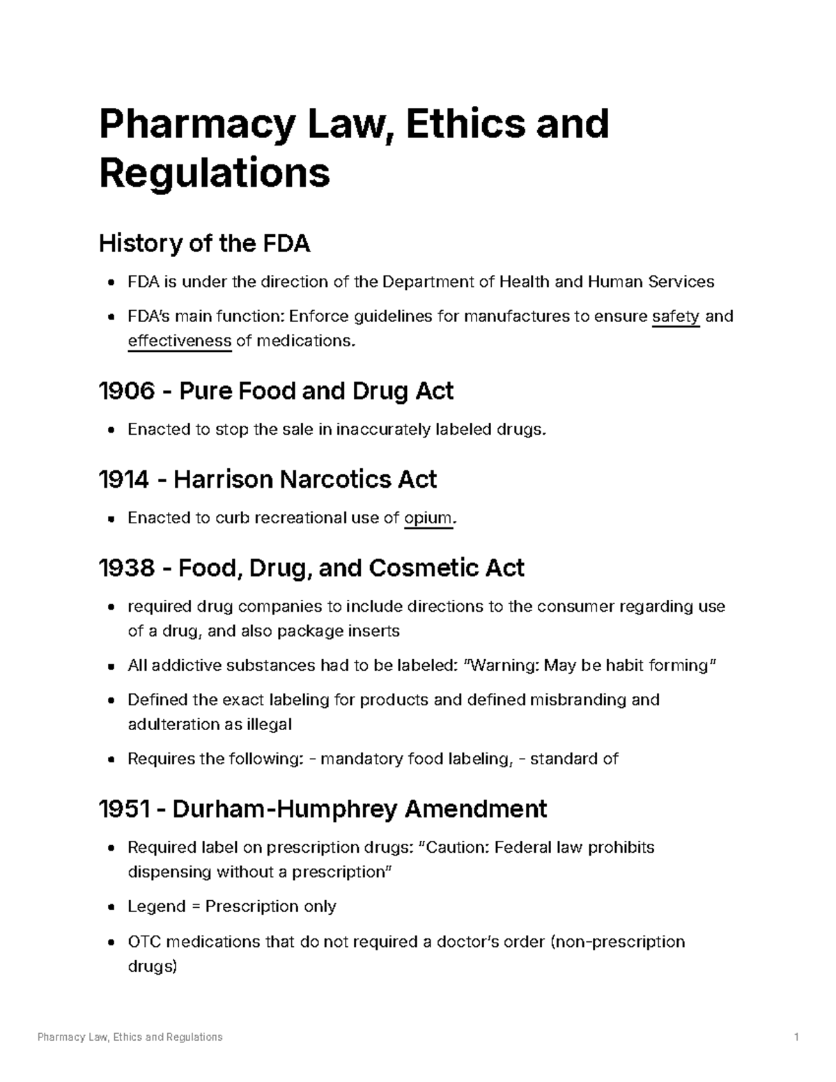 Pharmacy Law, Ethics & Regulations: Key FDA Historical Milestones - Studocu