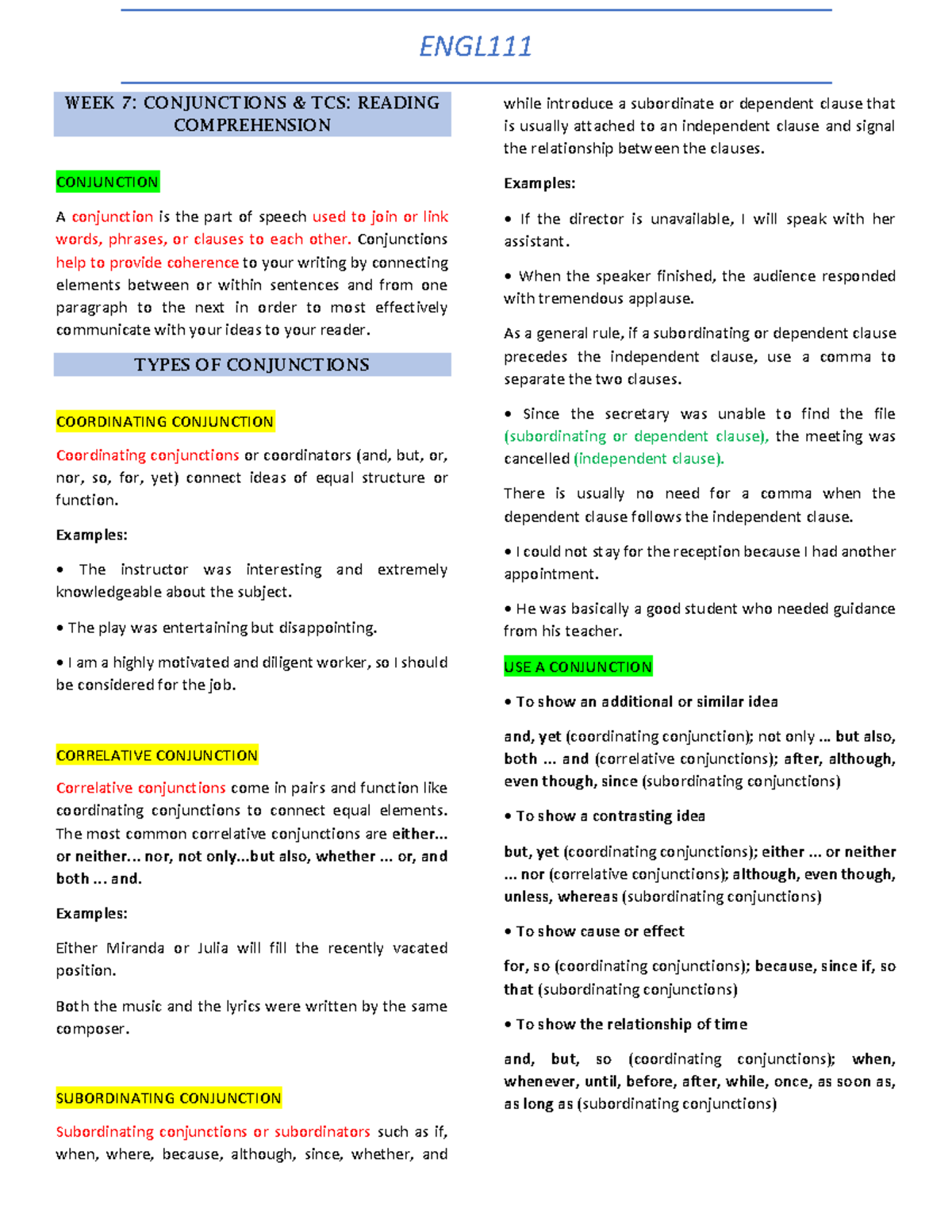 ENG111-Midterm-Review: Conjunctions, Reading, Adjectives & Prepositions ...