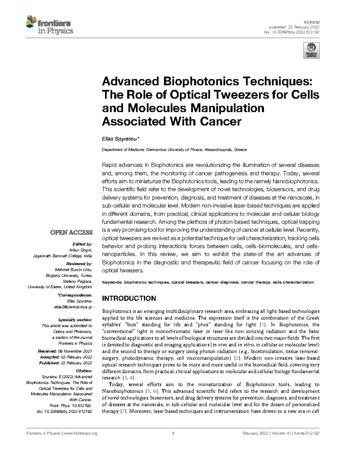 Advanced Biophotonics Techniques: Optical Tweezers in Cancer Research ...