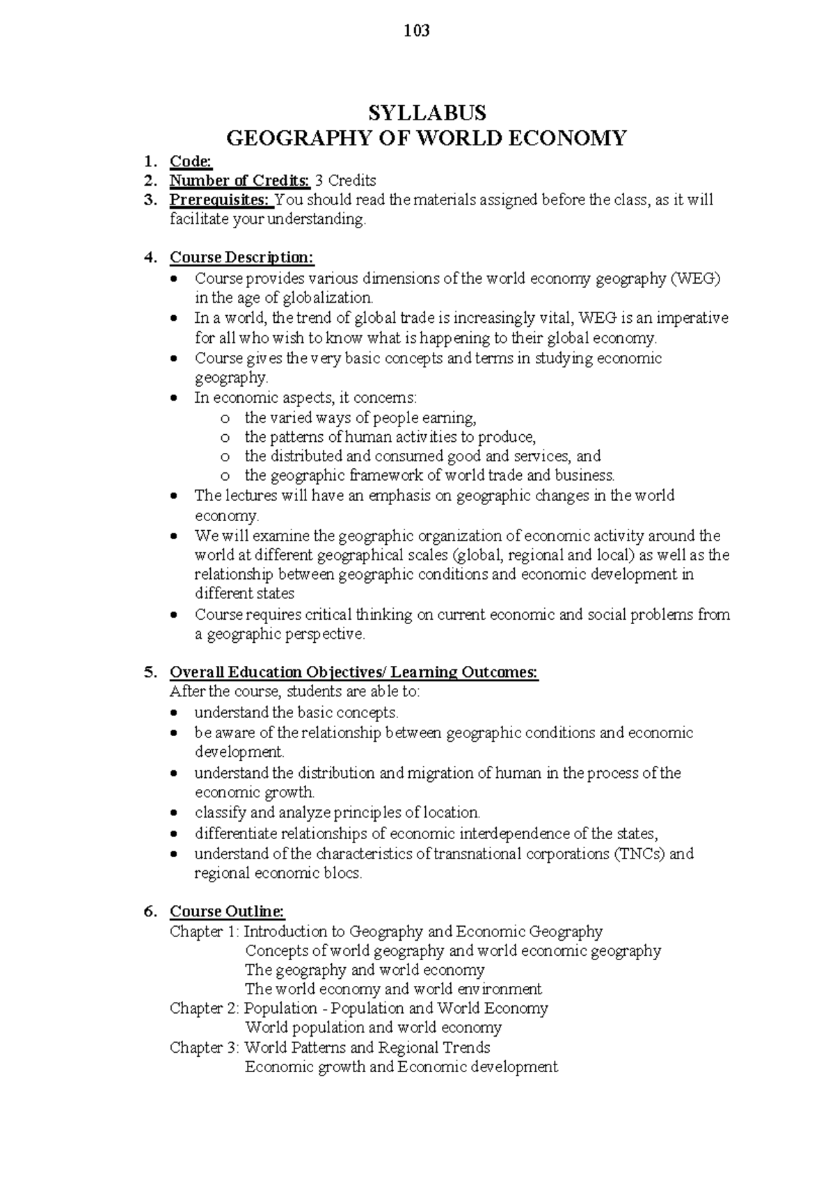 103 GEOGRAPHY OF WORLD ECONOMY SYLLABUS - Studocu