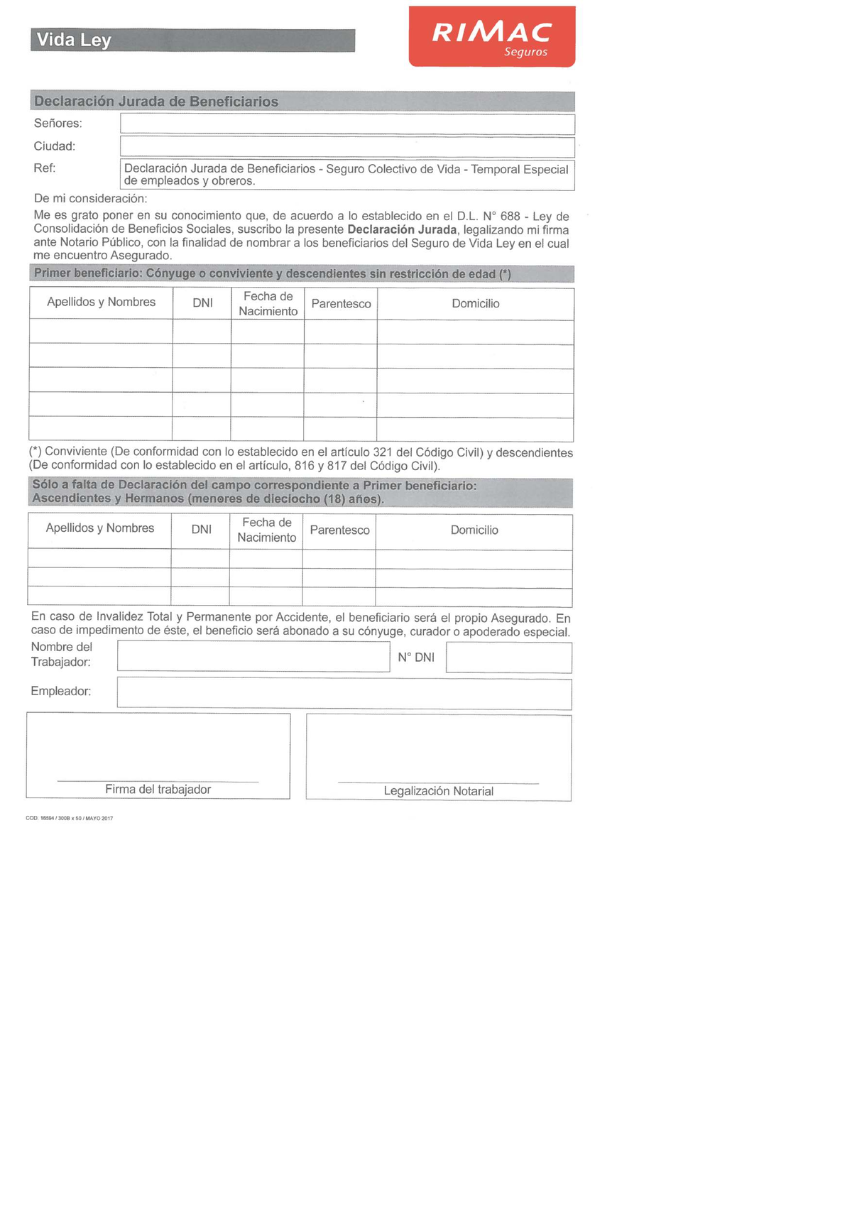 Formato Declaración Jurada de Beneficiarios Vida Ley RIMAC COD 50 2017 - Studocu