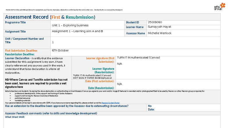 Unit 1 Assignment 1: Learner Declaration & Assessment Guidelines - Studocu