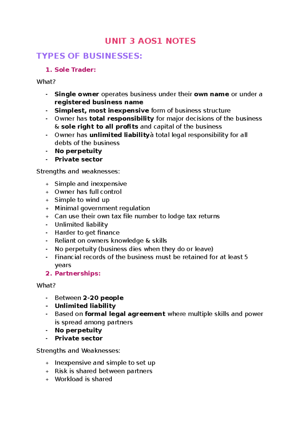 UNIT 3 AOS1 NOTES: Types of Businesses and Management Skills - Studocu
