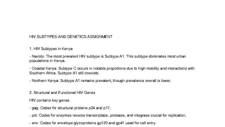 HIV Subtypes and Genetics Assignment 1: Insights from Kenya - Studocu