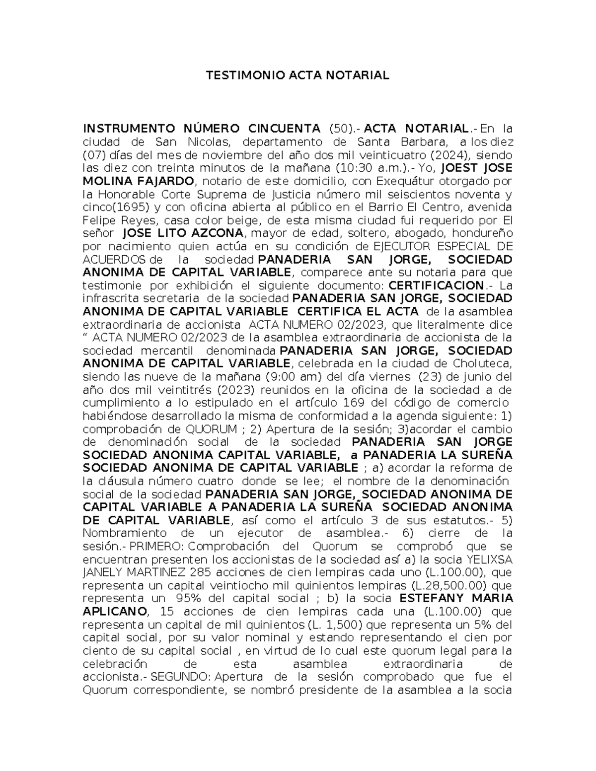 ACTA Notarial - TESTIMONIO ACTA NOTARIAL INSTRUMENTO NÚMERO CINCUENTA ...
