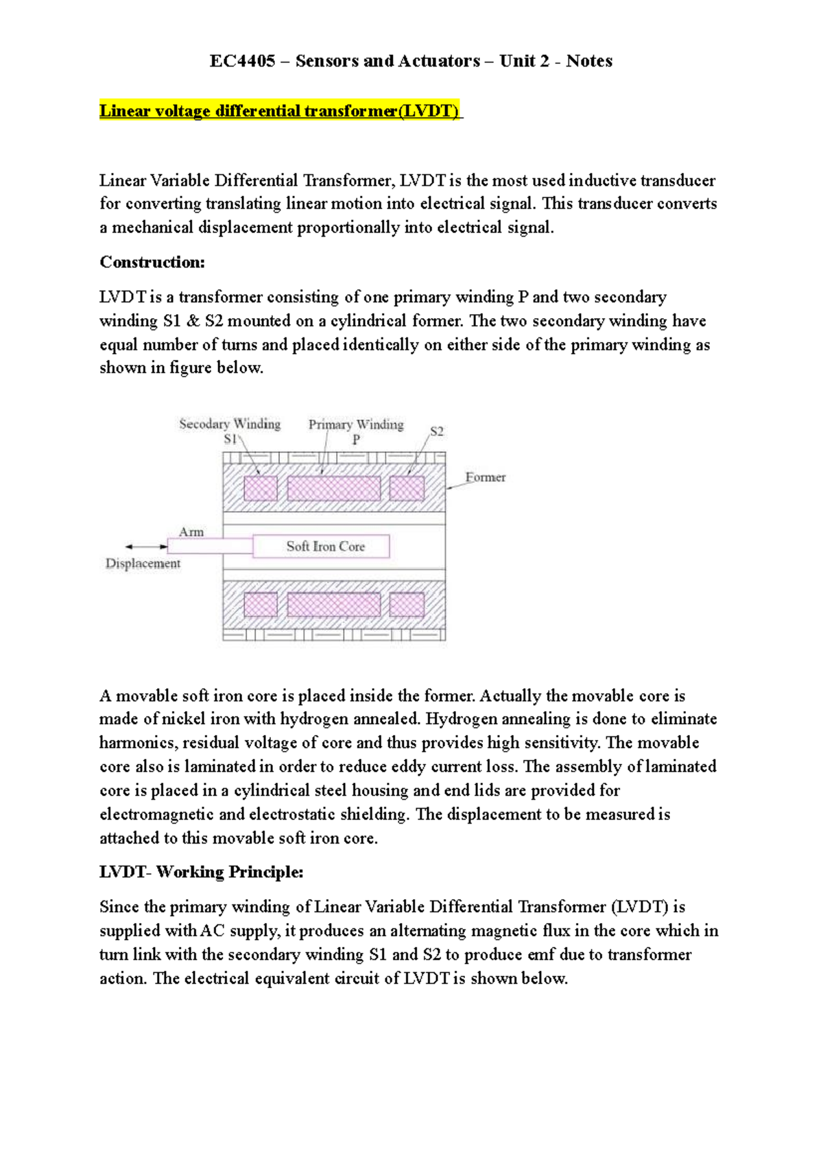 EC4405 Sensors and Actuators Unit 2: Comprehensive Notes on LVDT, RVDT ...
